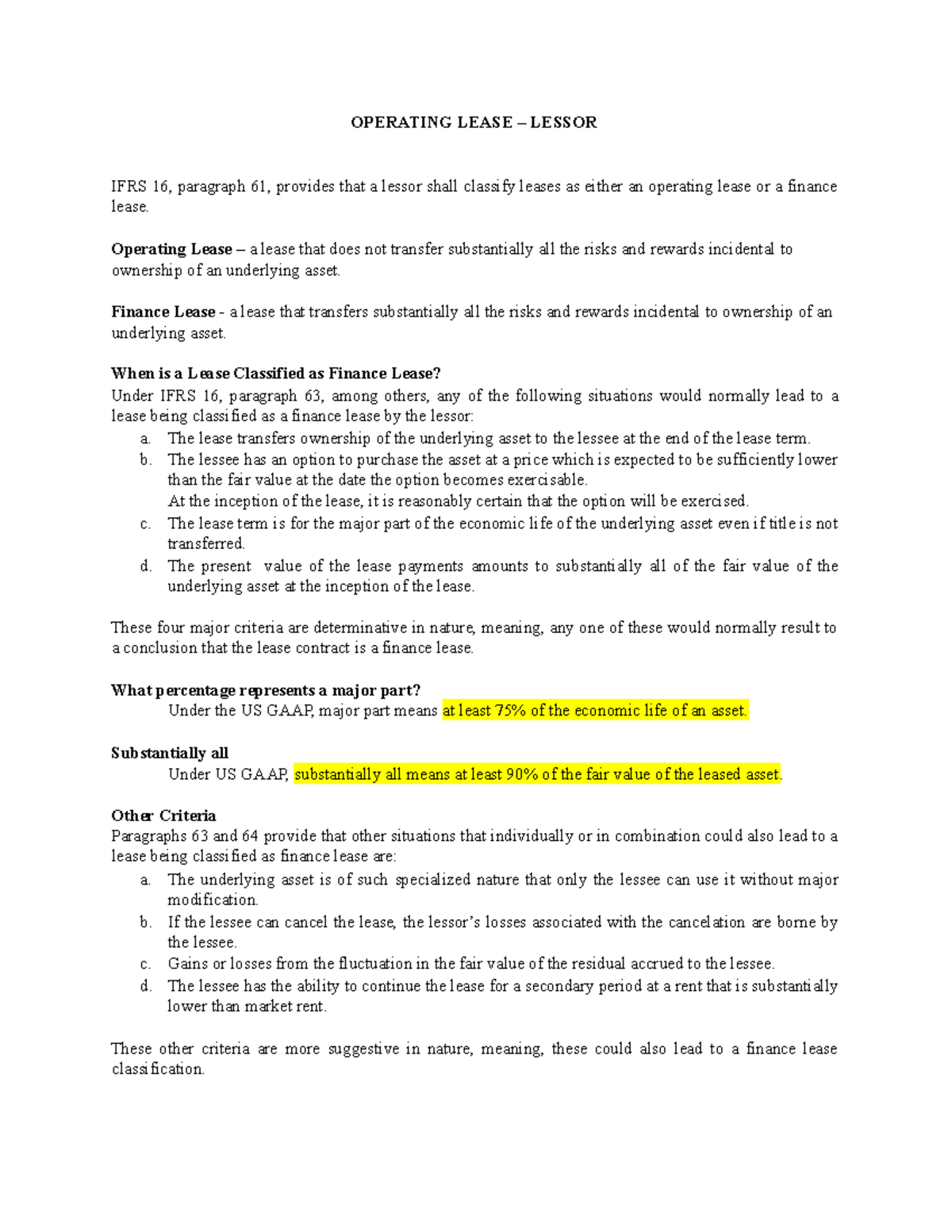 Lessor Accounting - OPERATING LEASE – LESSOR IFRS 16, paragraph 61 ...