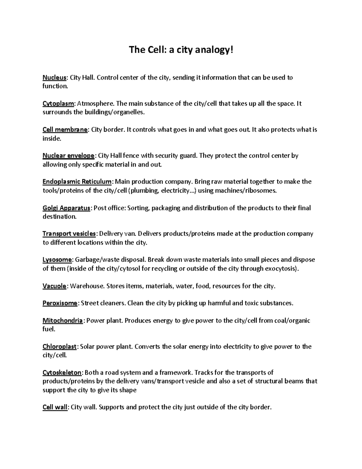 The Cell - a city analogy - The Cell: a city analogy! Nucleus: City ...