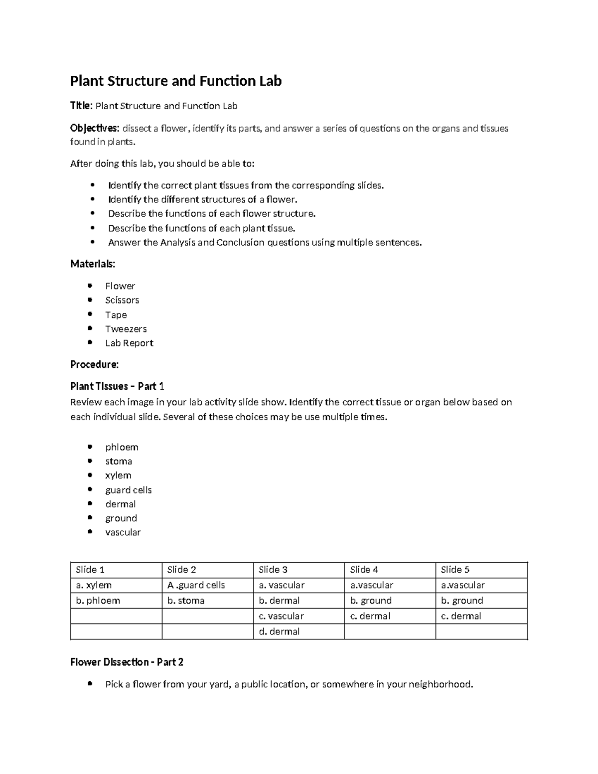 Virtual plants lab report - Plant Structure and Function Lab Title ...