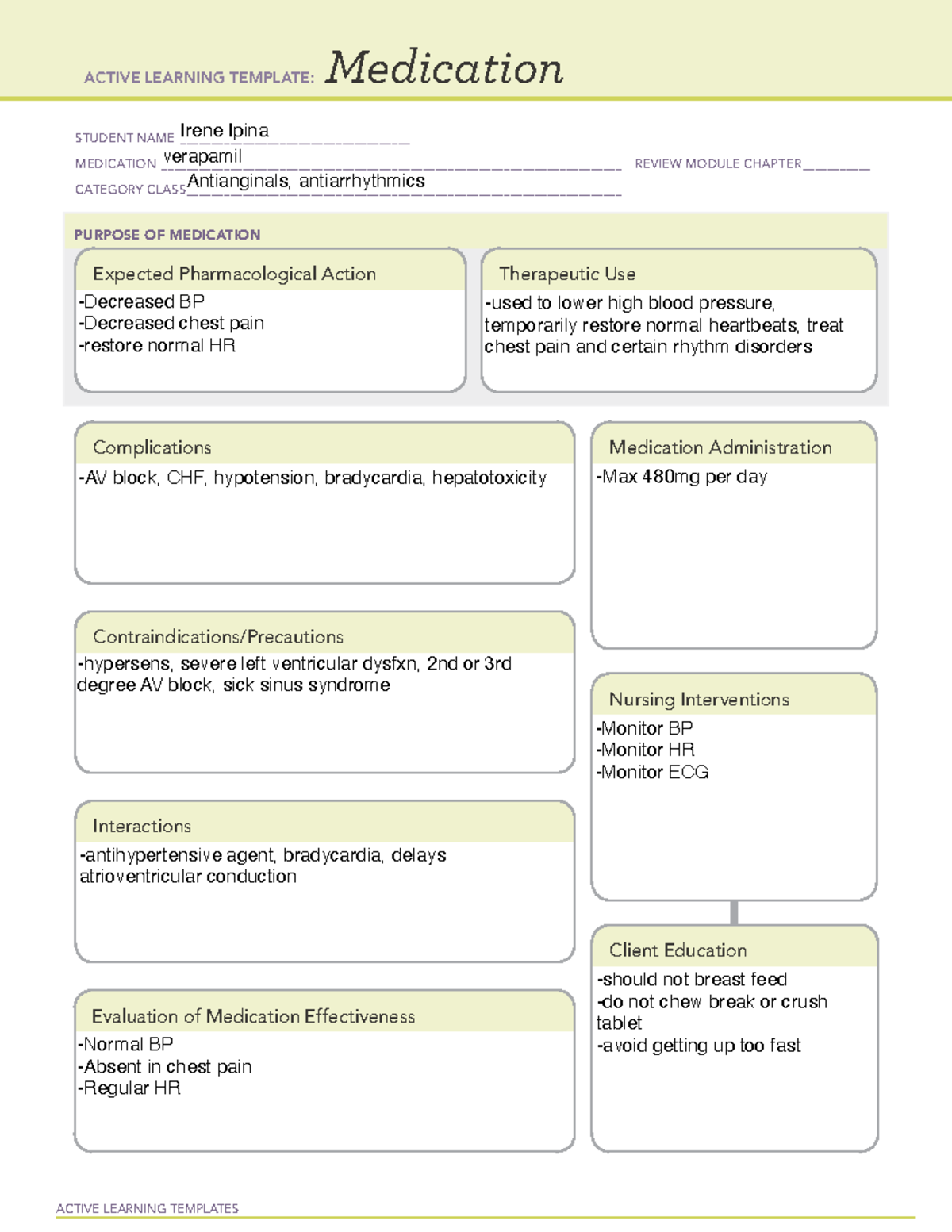 verapamil drug card - ACTIVE LEARNING TEMPLATES Medication STUDENT NAME ...