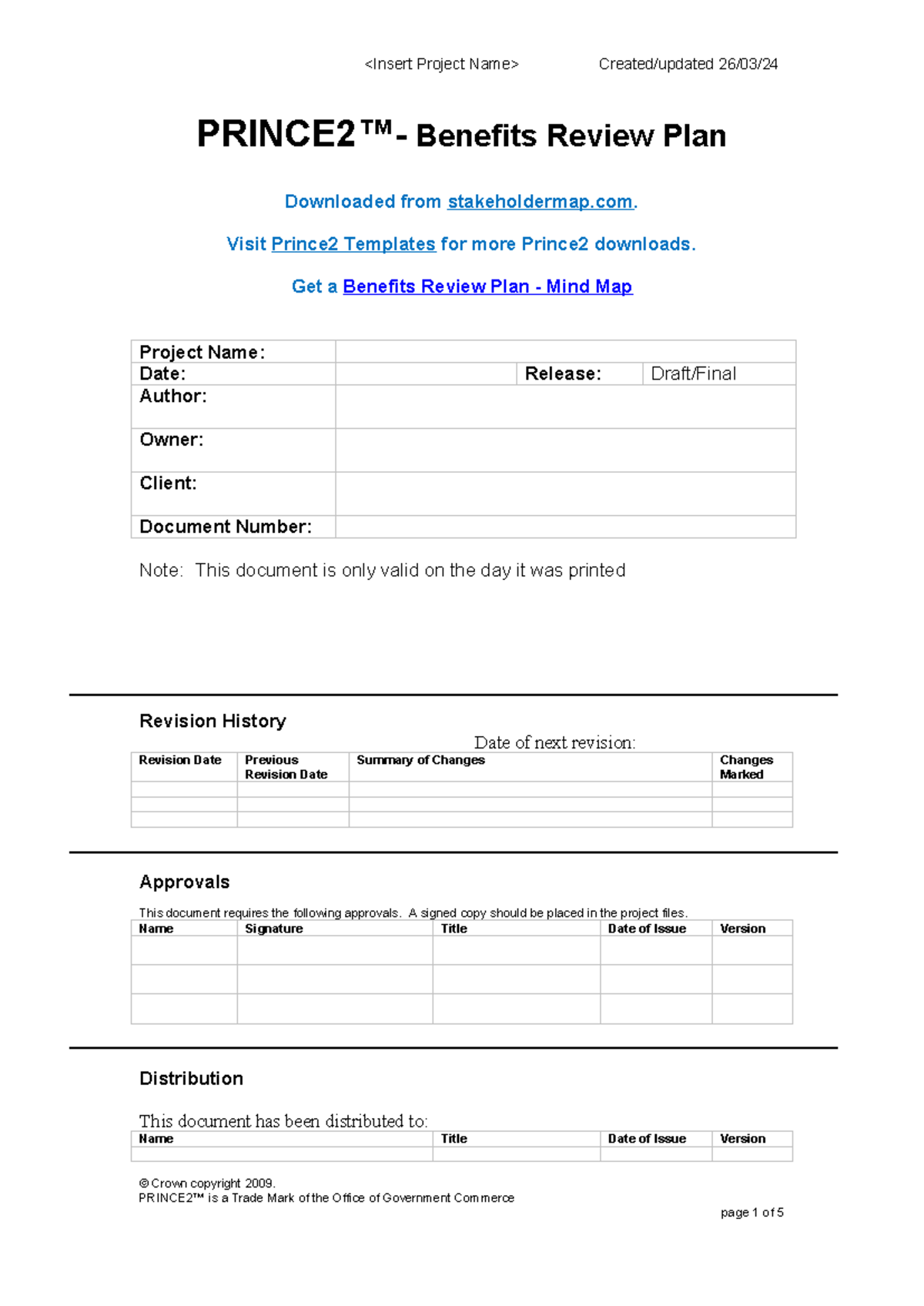 Benefits Review Plan - Created/updated 26/03/ PRINCE2™- Benefits Review ...