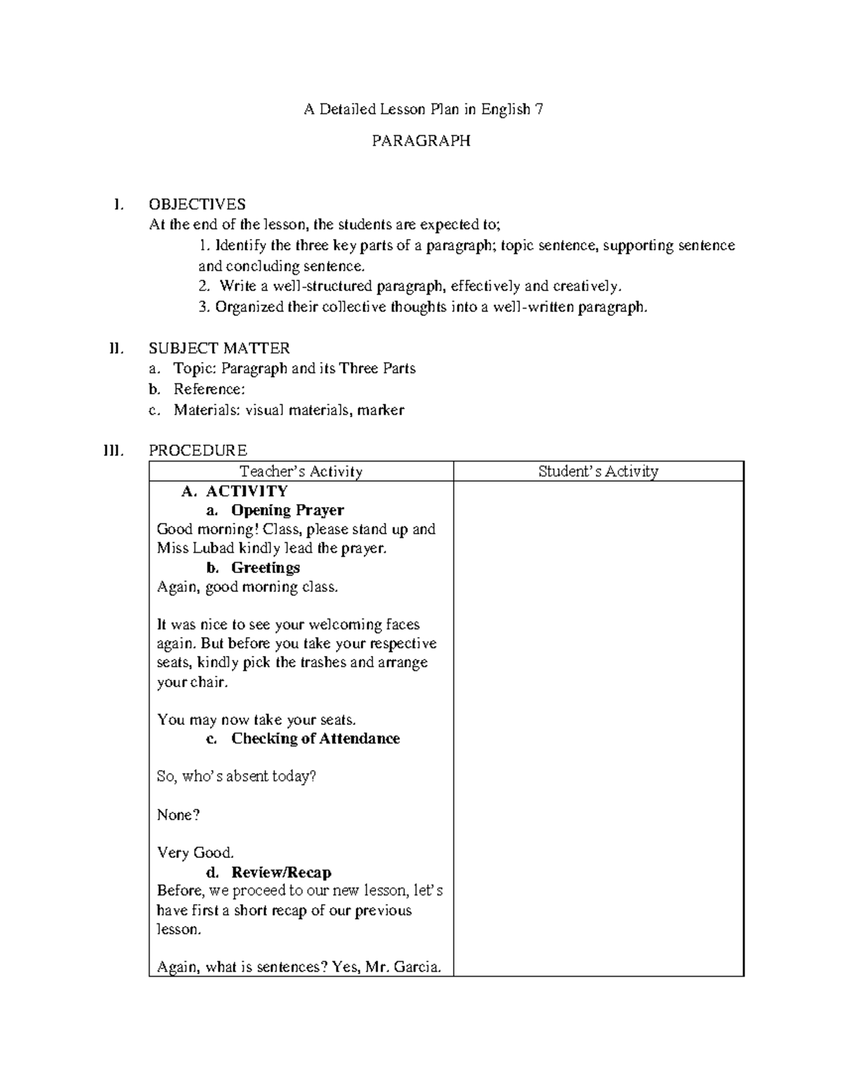 LP Paragraph - A Detailed Lesson Plan in English 7 PARAGRAPH I ...
