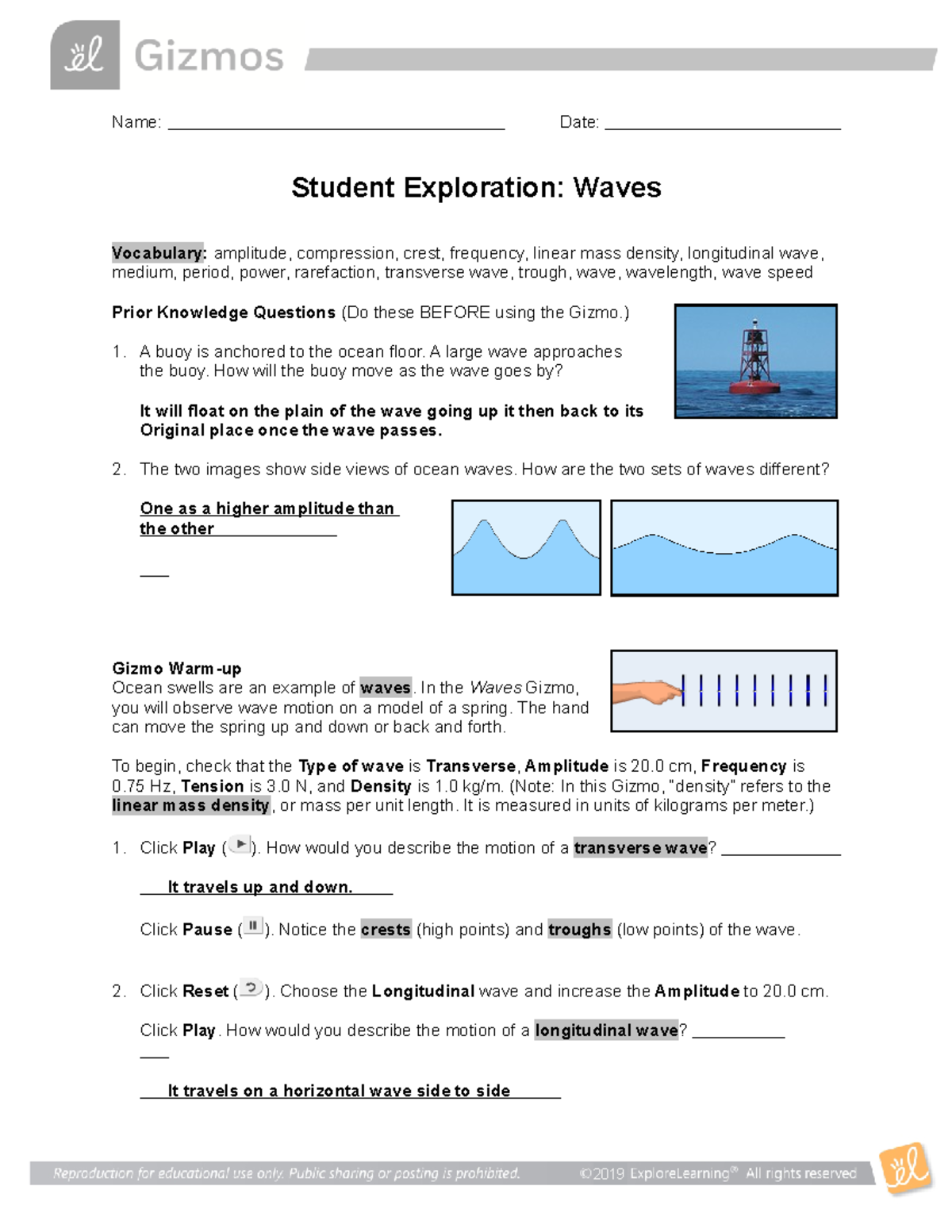 Waves SE - Name: Date: Student Exploration: Waves Vocabulary: amplitude ...
