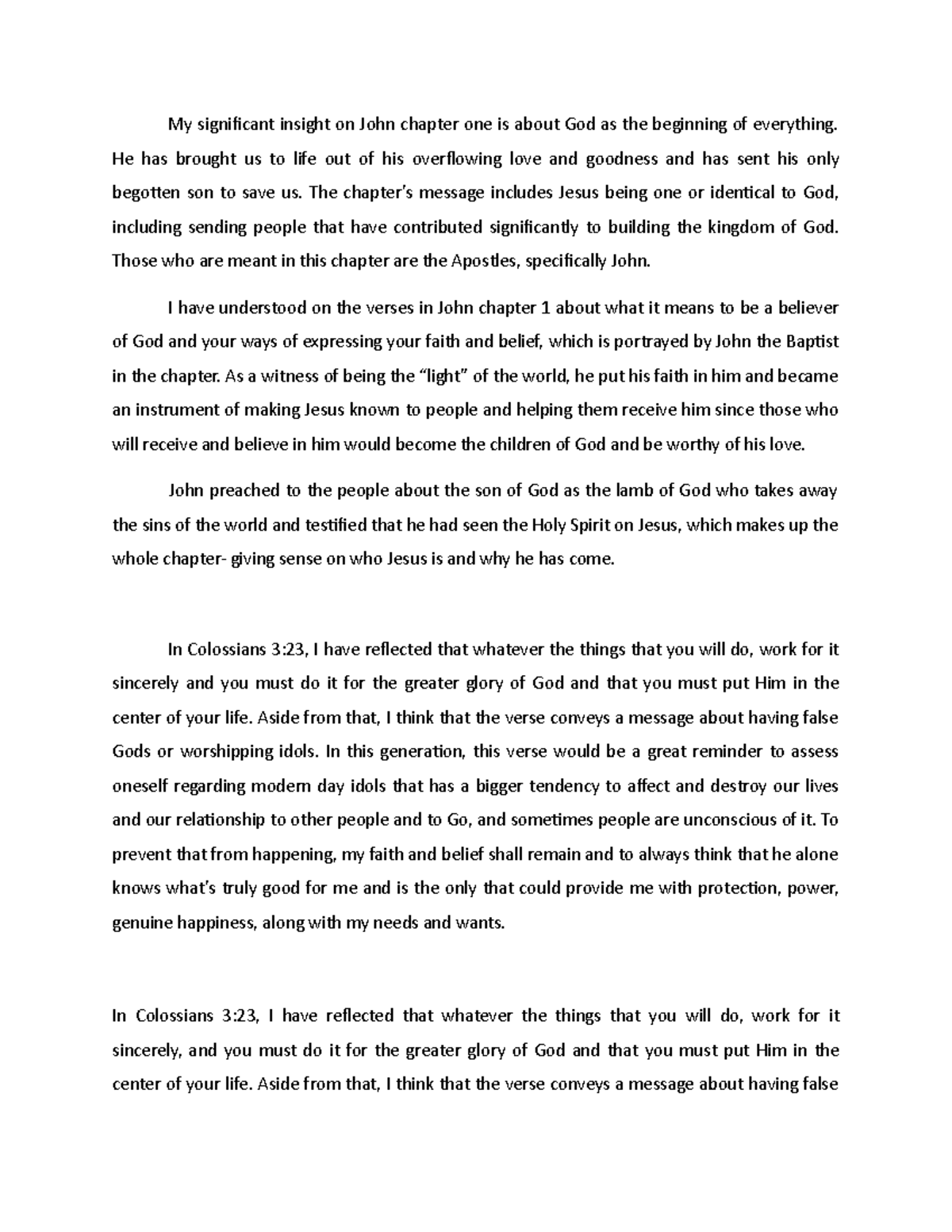 Reflection - theology - My significant insight on John chapter one is ...