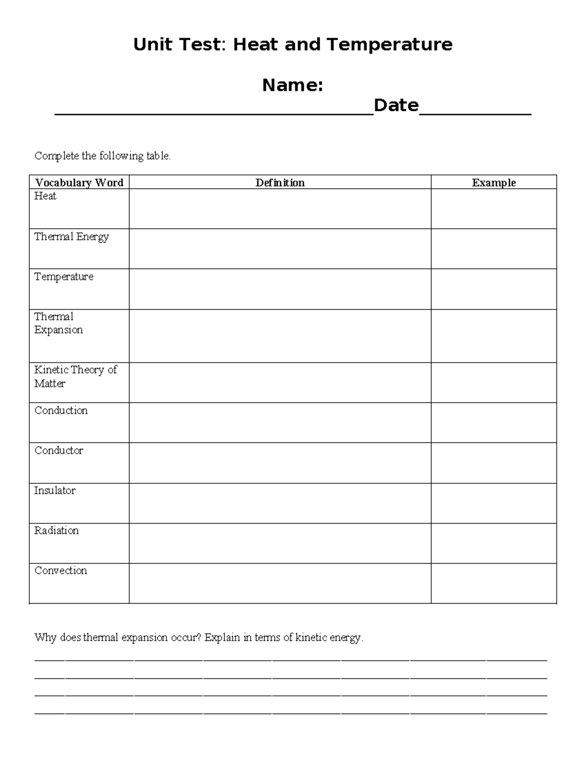 Unit Test Heat and Temperature - Unit Test: Heat and Temperature Name