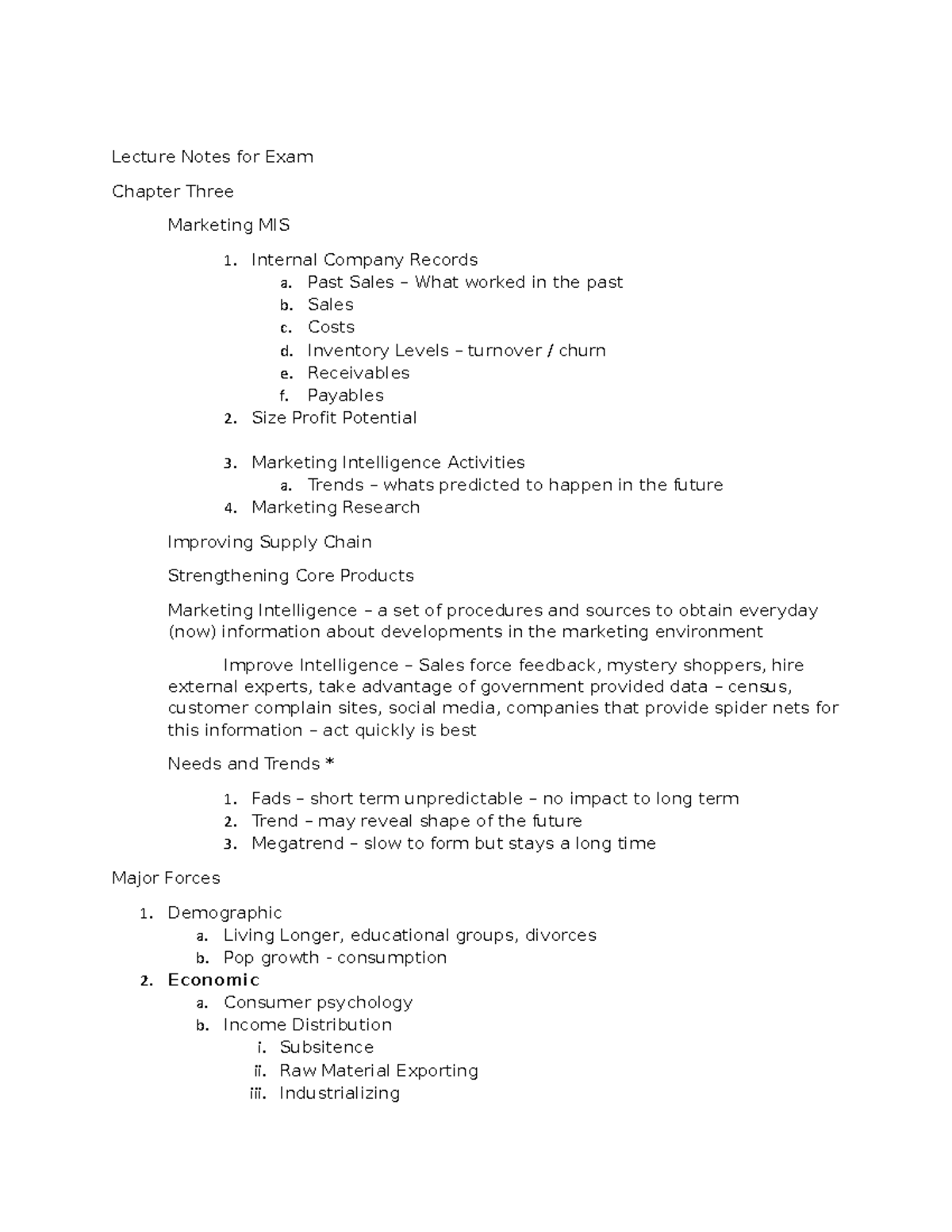 Lecture Notes for Exam - Lecture Notes for Exam Chapter Three Marketing ...