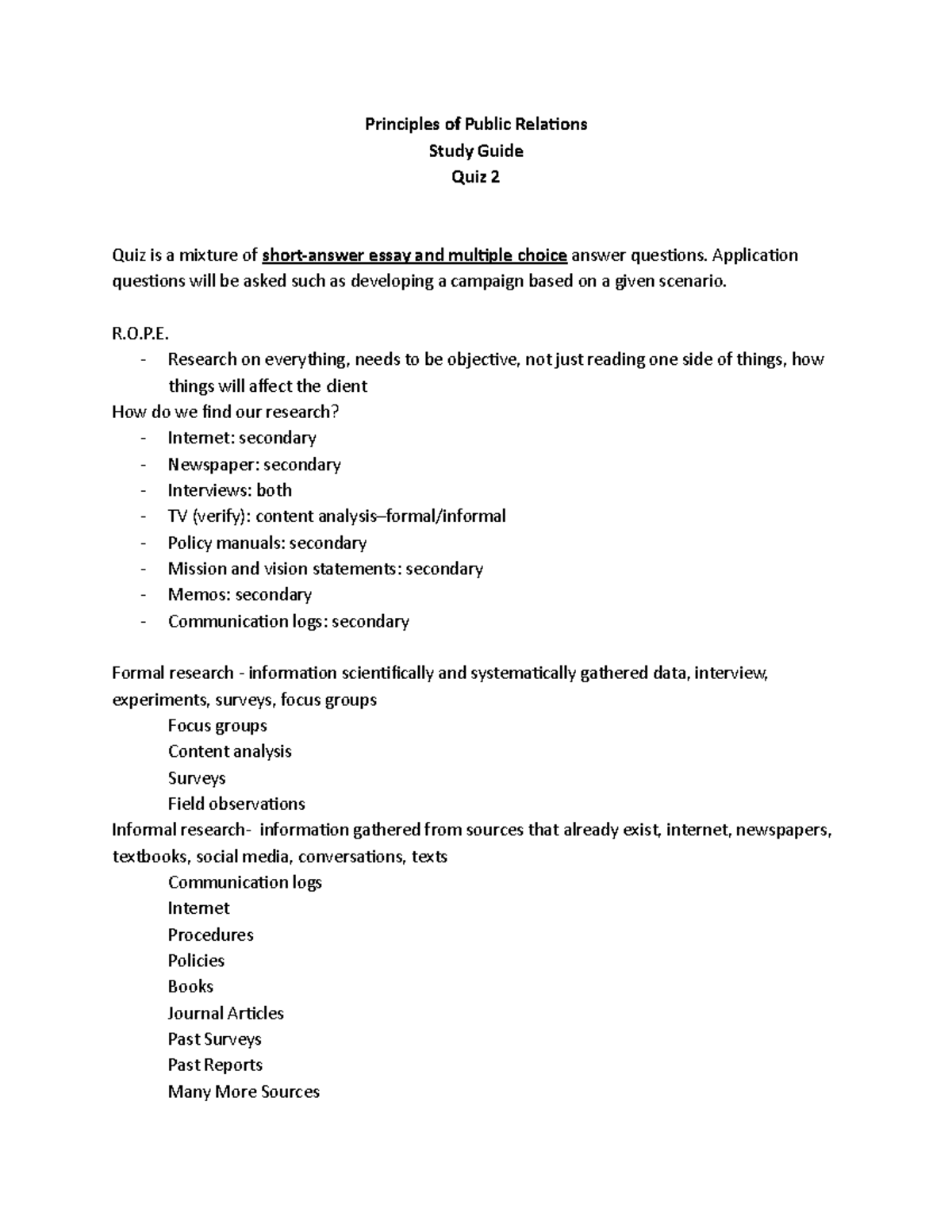 PR Study Guide Quiz 2 - Gayle Pohl - Principles of Public Relations ...