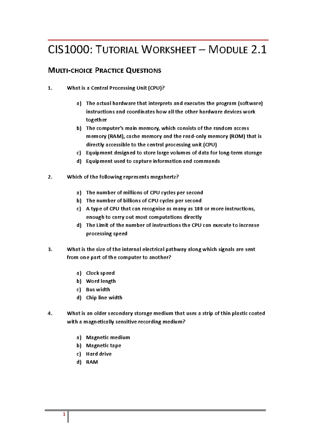 Module 2.1 Student Handout - TUTORIAL WORKSHEET MODULE 2 PRACTICE ...