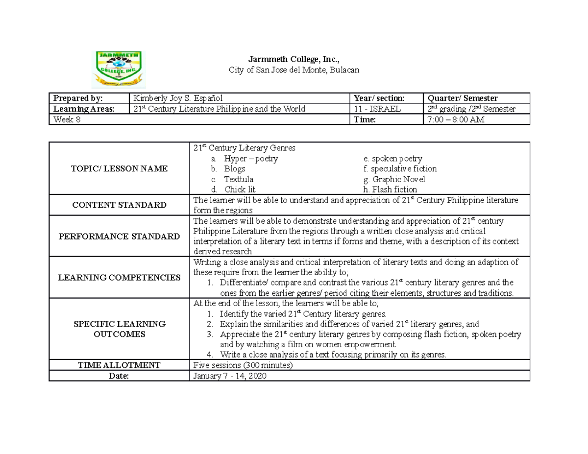 Lesson Plan in 21st Century Literature P - Jarmmeth College, Inc., City ...