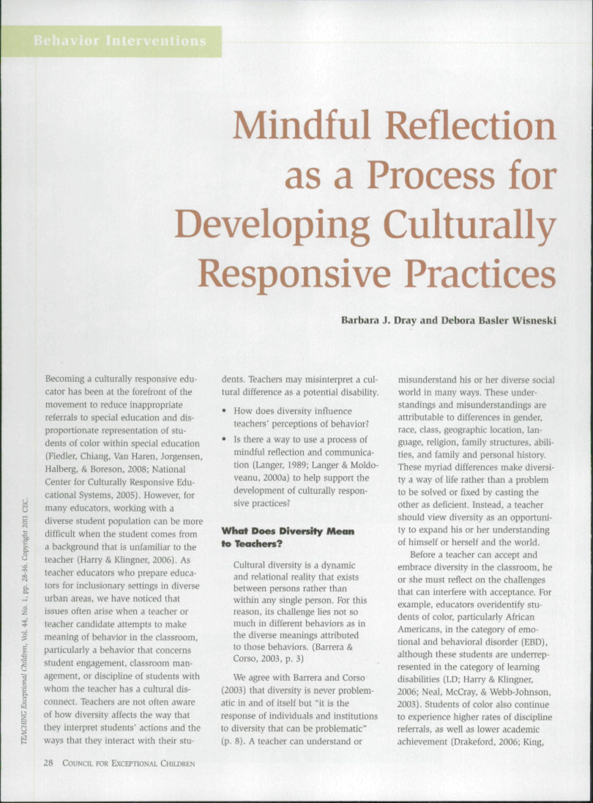 Mindful Reflection a Process for Developing Culturally Responsive ...