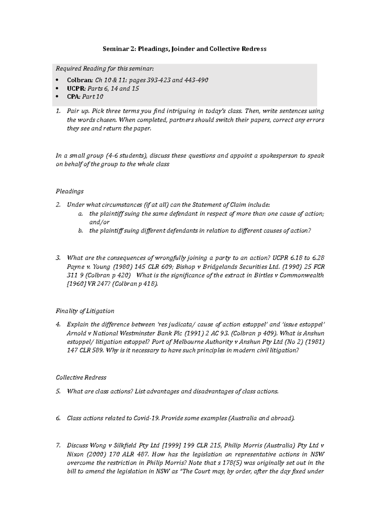 basic lecture notes to help with the unit - Seminar 2: Pleadings ...