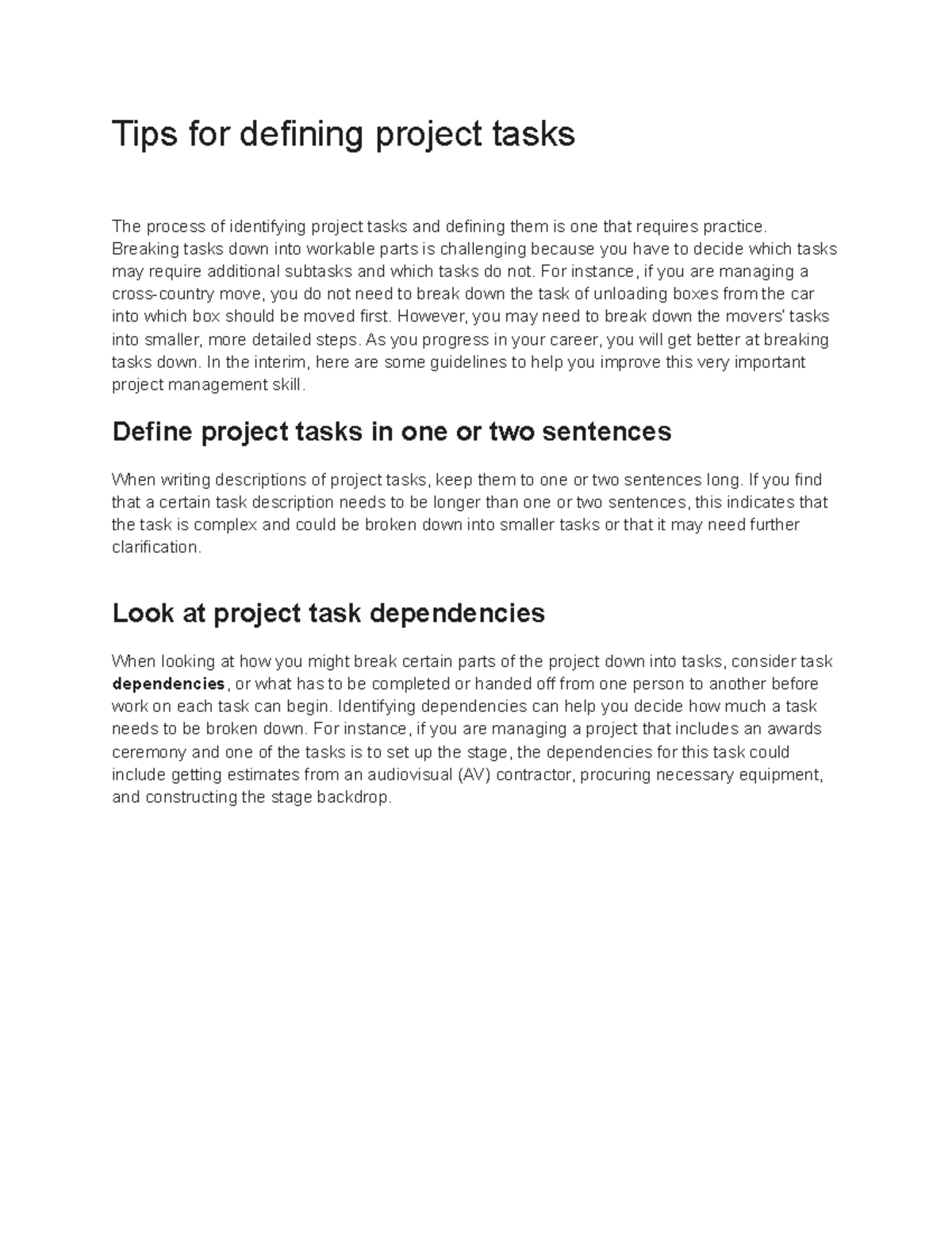 Untitled document - notes - Tips for defining project tasks The process ...