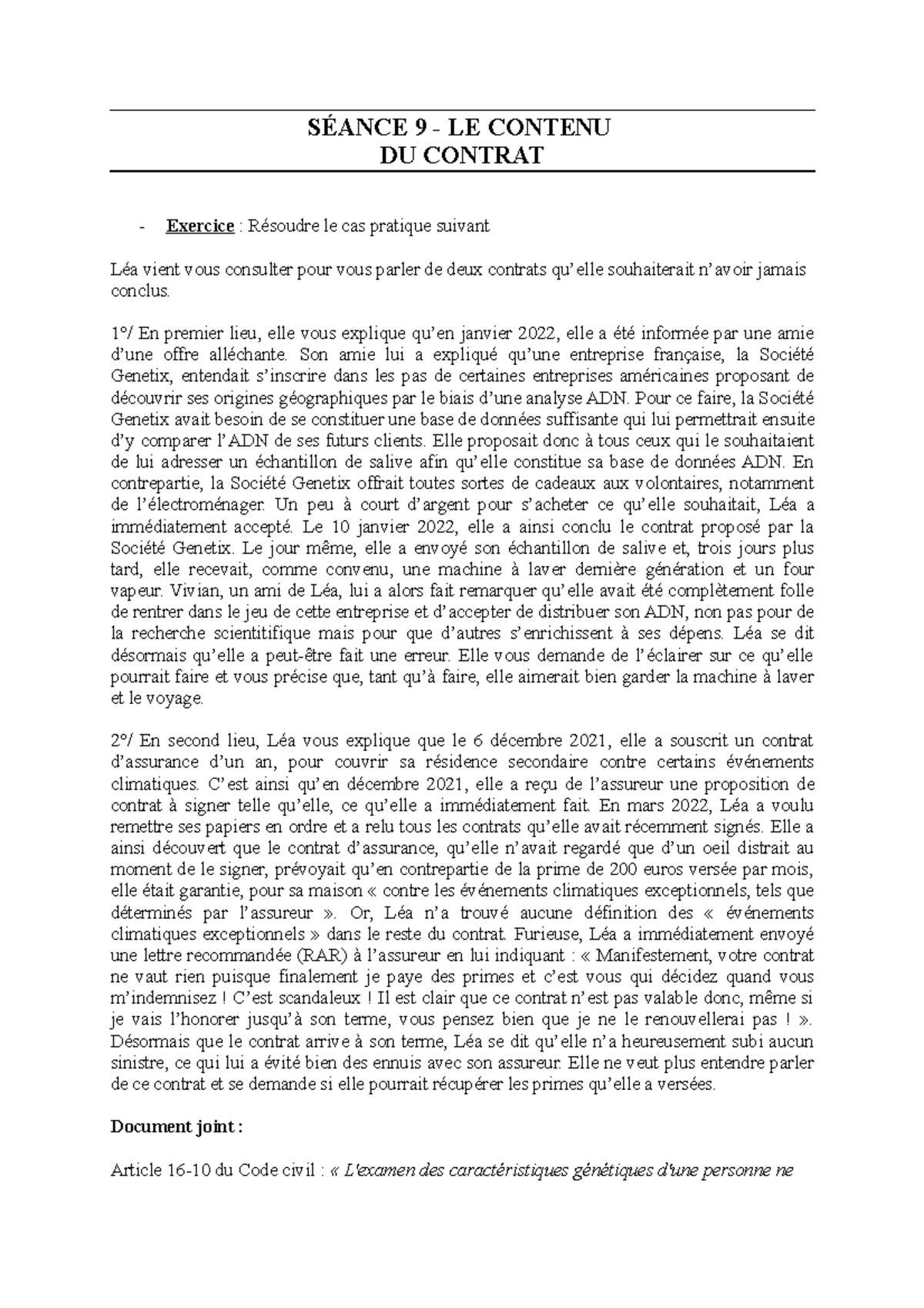 TD Séance 9 - francais - SÉANCE 9 - LE CONTENU DU CONTRAT - Exercice : Résoudre le cas pratique ...