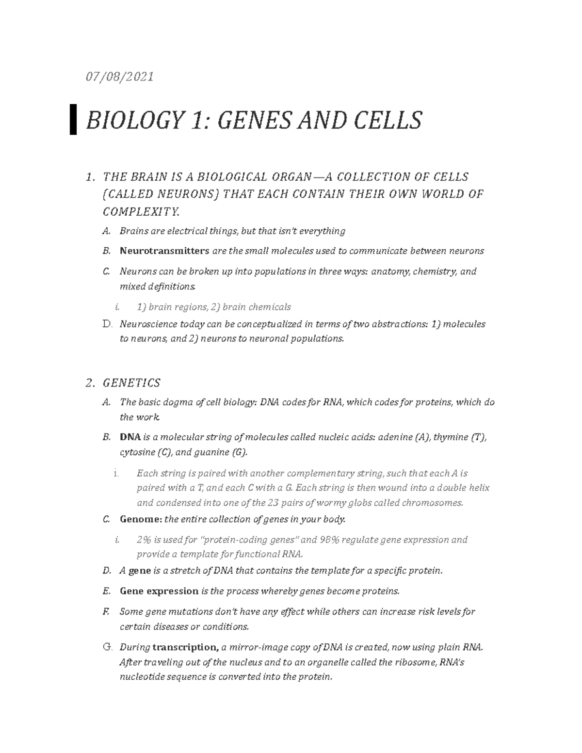 Biology 1 texbook notes - 07/08/ BIOLOGY 1: GENES AND CELLS 1. THE ...