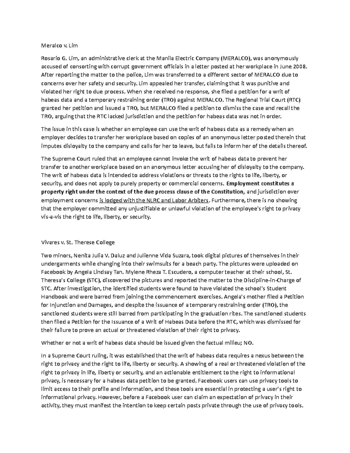 Cases habeas data - Meralco v. Lim Rosario G. Lim, an administrative ...