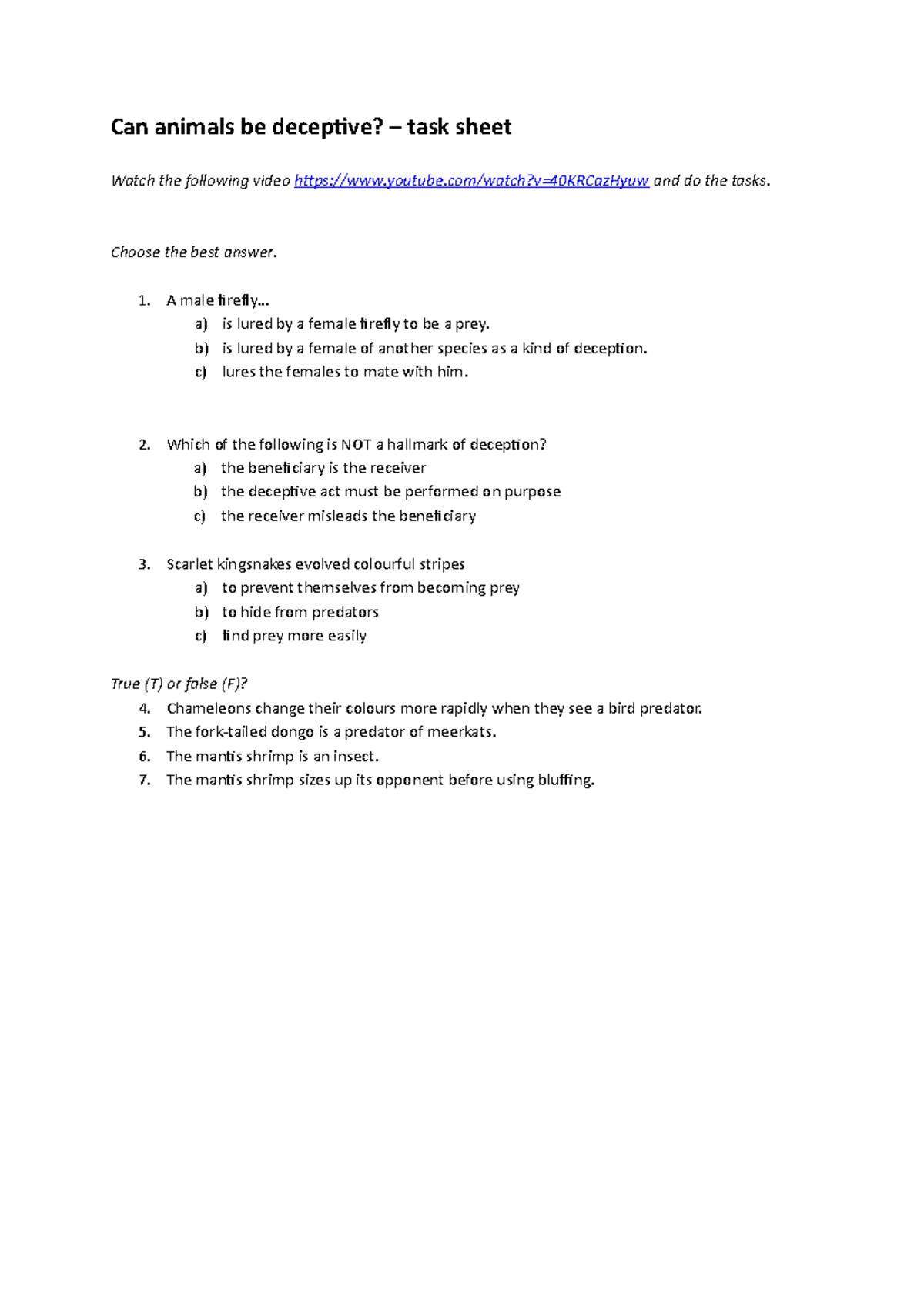 Can animals be deceptive - task sheet - Online marketing - Studocu