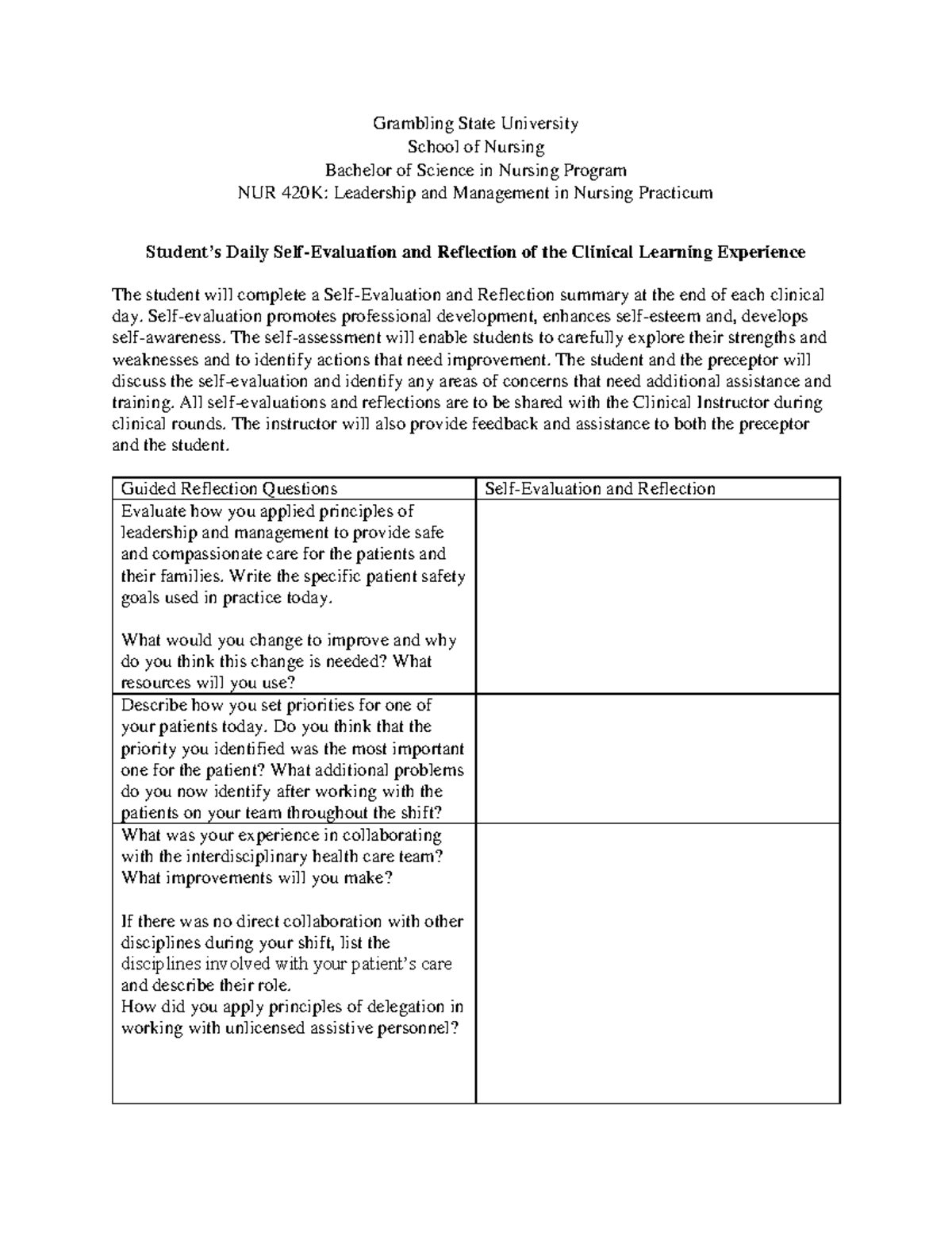 Daily+Self+Evalation+and+Reflection+Tool - Grambling State University ...