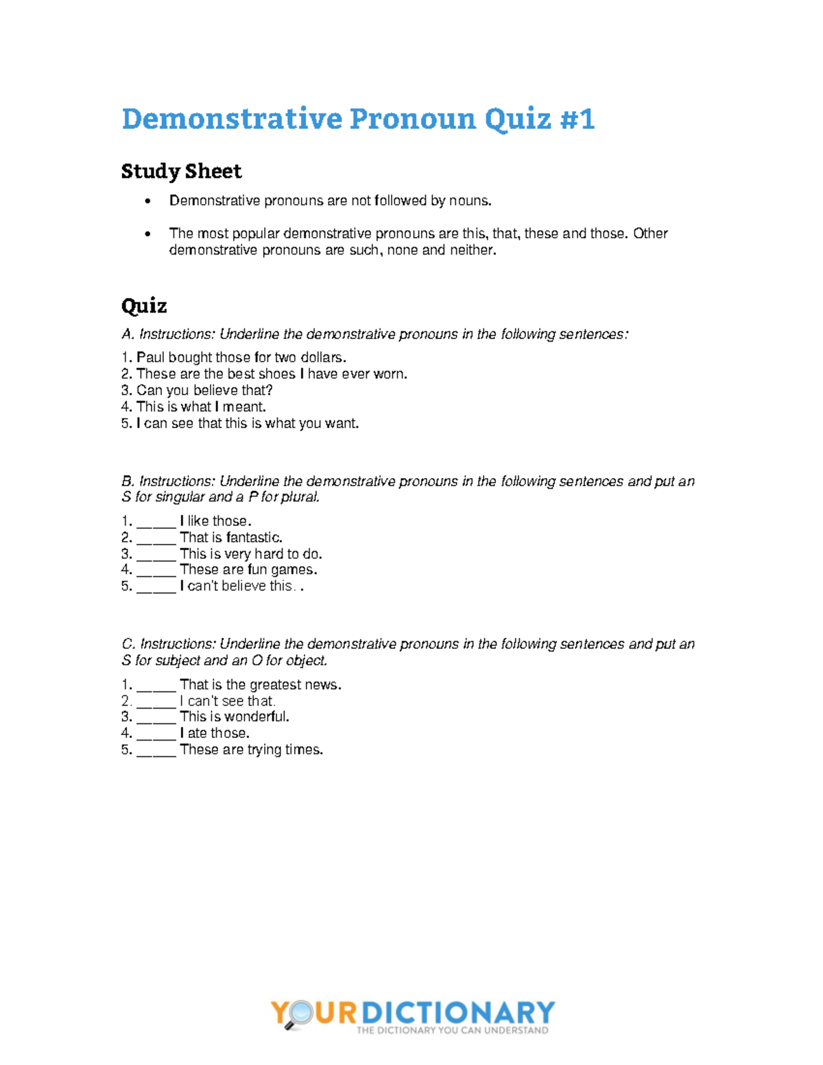 Demonstrative-pronoun-quiz - Demonstrative Pronoun Quiz Study Sheet ...