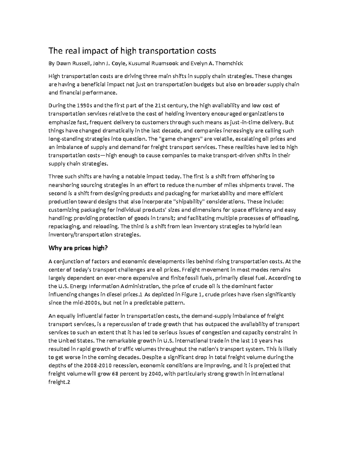 The real impact of high transportation costs - Coyle, Kusumal Ruamsook ...