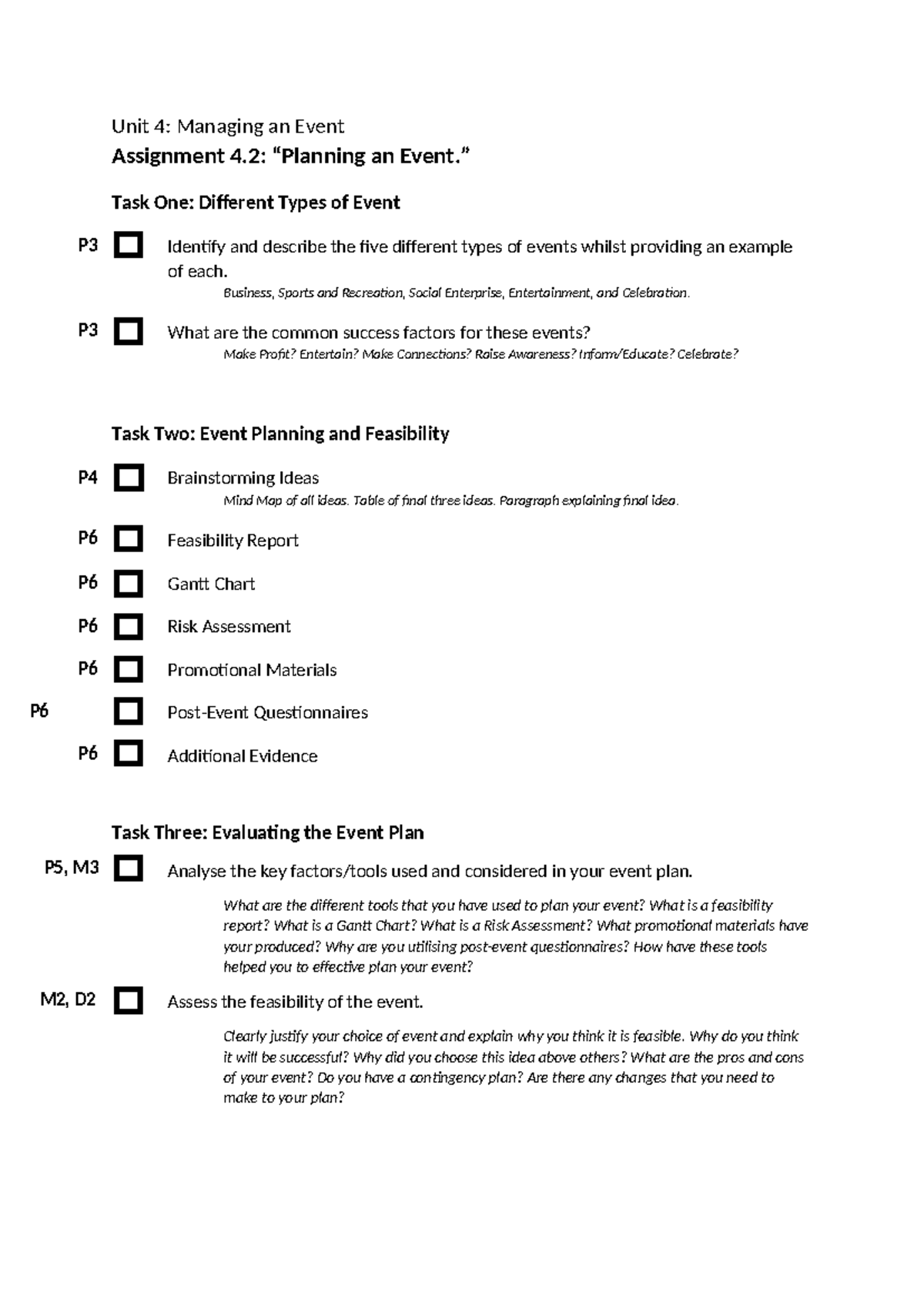 Assignment 4.2 Student Checklist (Managing an Event) - Unit 4: Managing an Event Assignment 4 ...