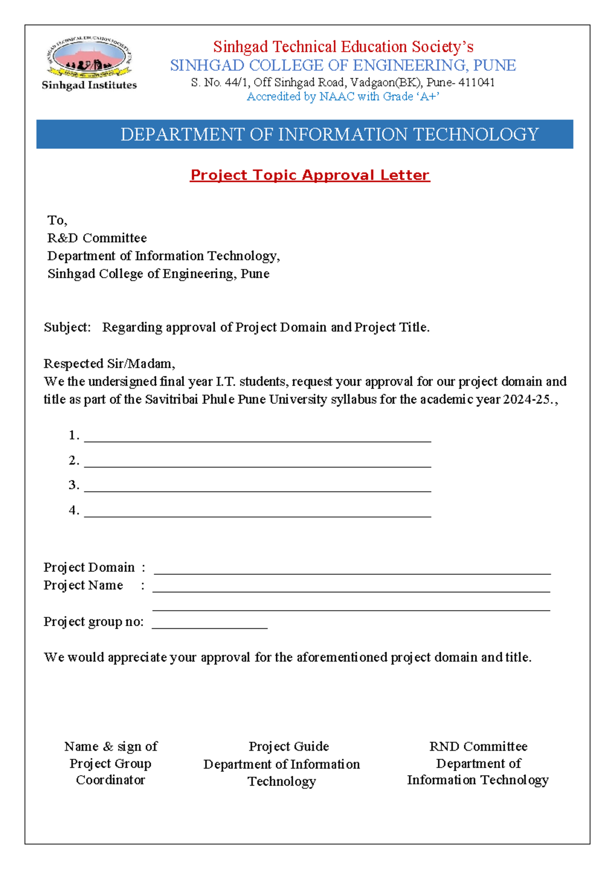 Project Approval Letter - Sinhgad Technical Education Society’s SINHGAD ...