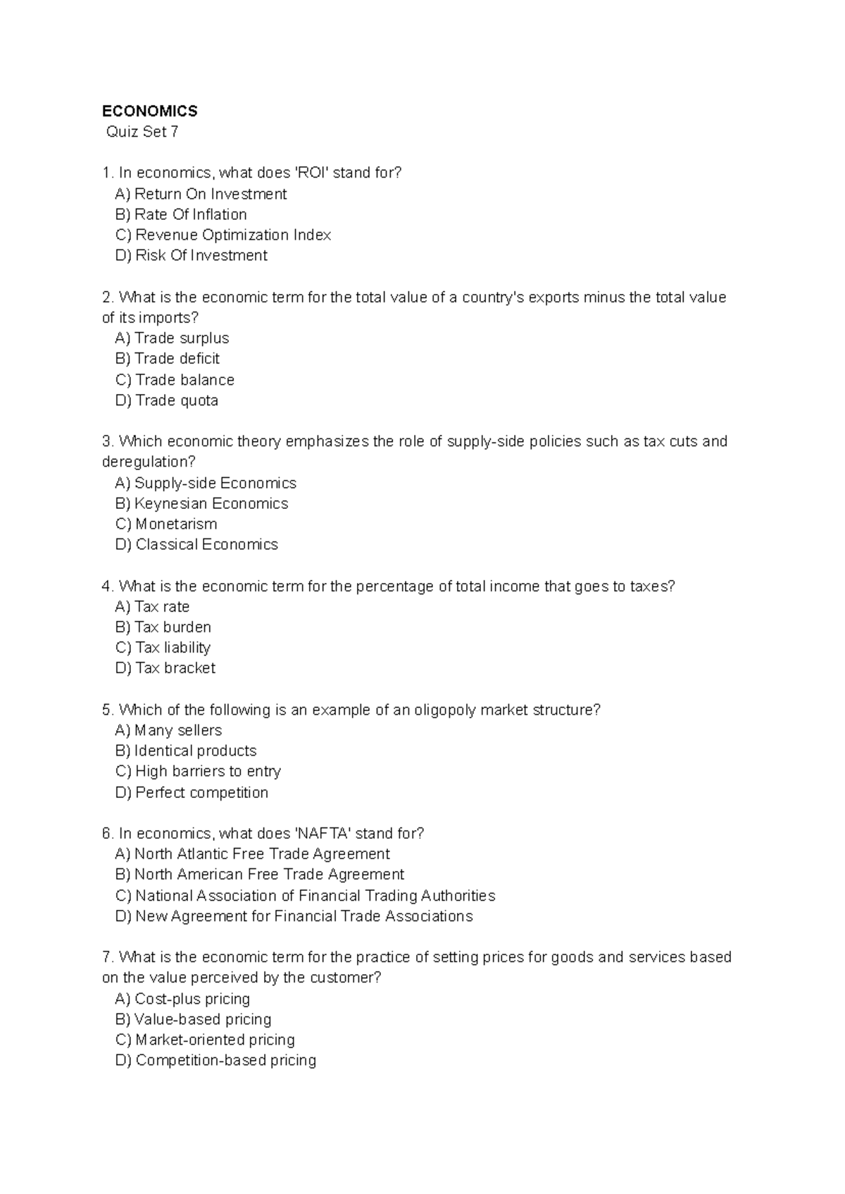 ECON - Quiz 7 - Practice material. - ECONOMICS Quiz Set 7 In economics ...
