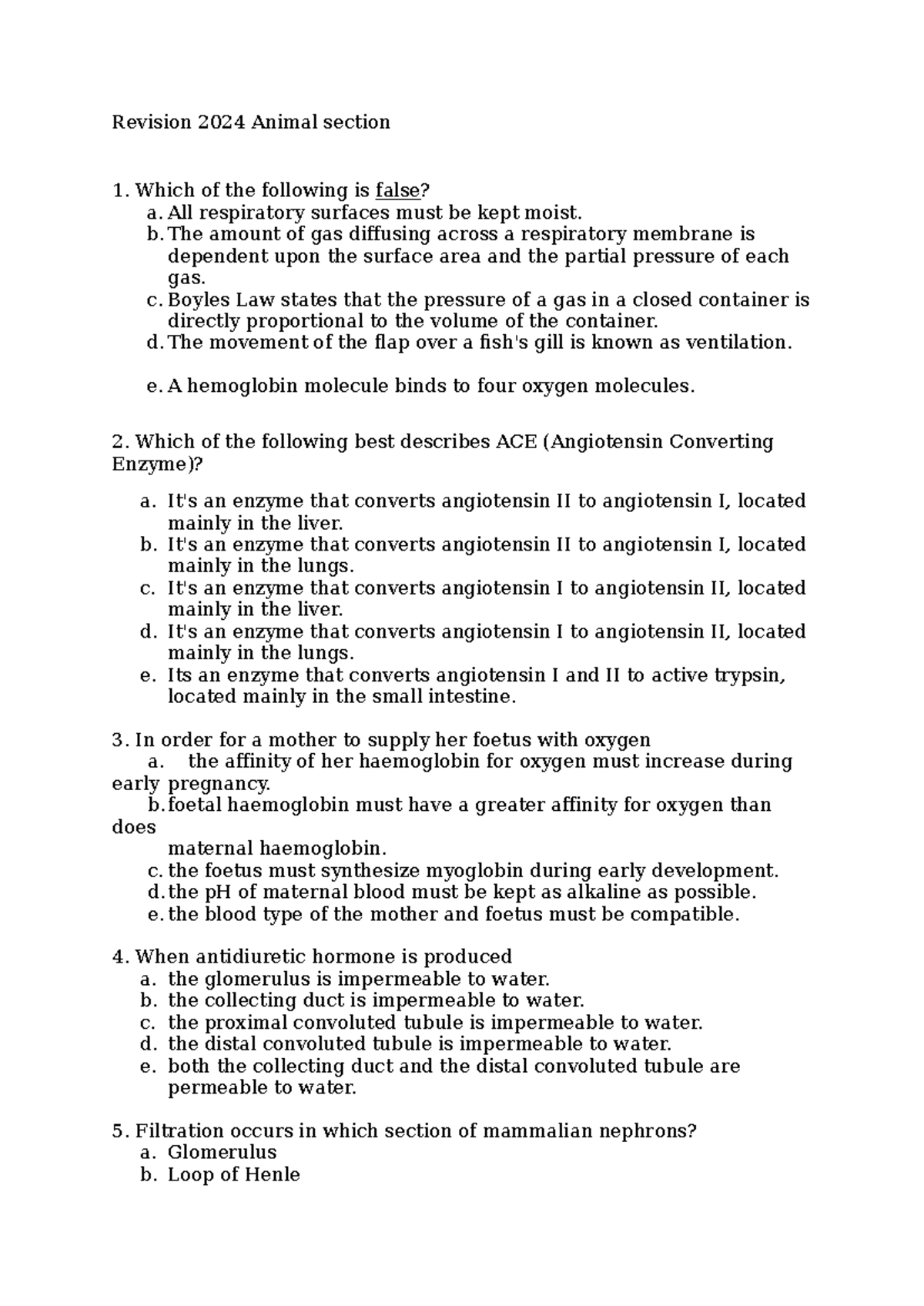 Revision 2024 Animal section 2 - Revision 2024 Animal section Which of ...
