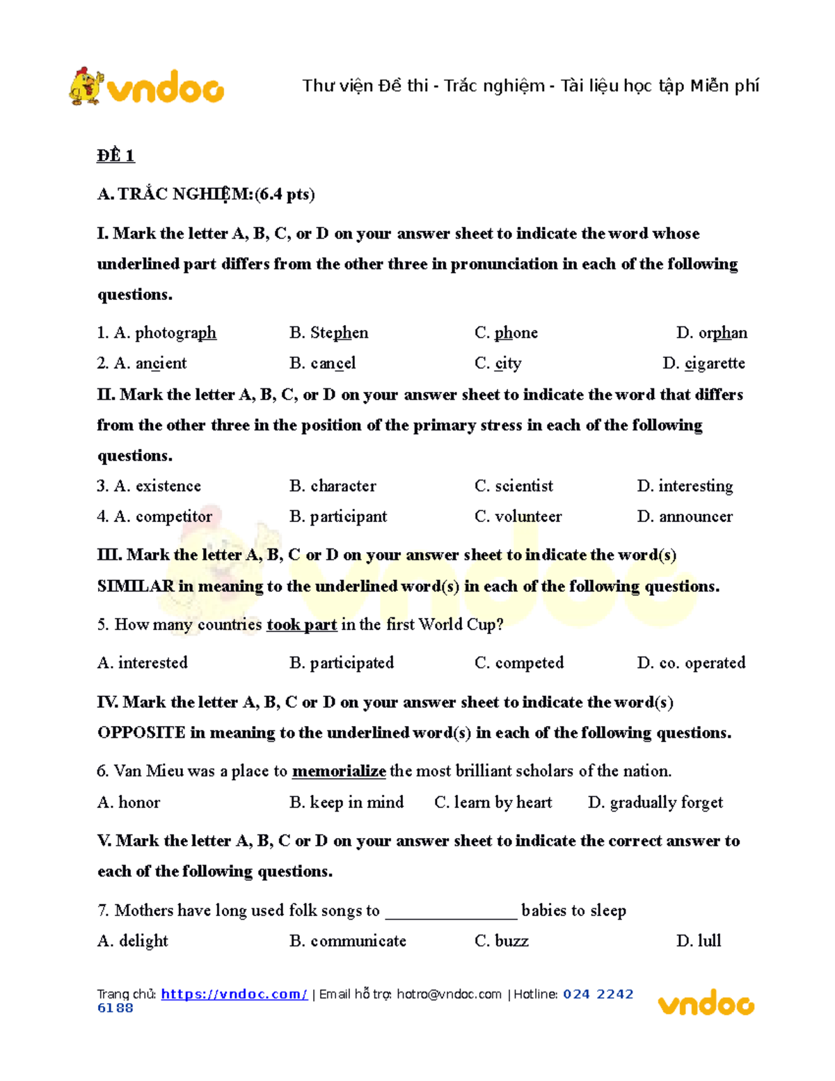 De thi hoc ky 2 mon tieng anh lop 10 co dap an - ĐỀ 1 A. TRẮC NGHIỆM:(6 ...