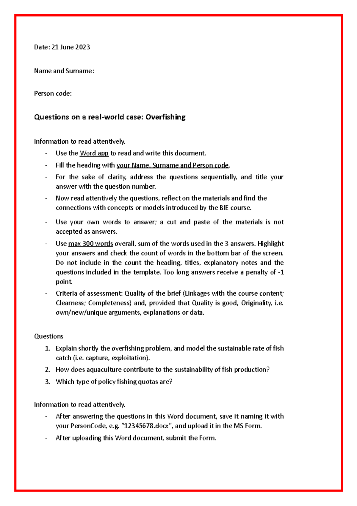 BIE Exam June 21 2023 Word Template 3rd Exercise Real World Questions ...