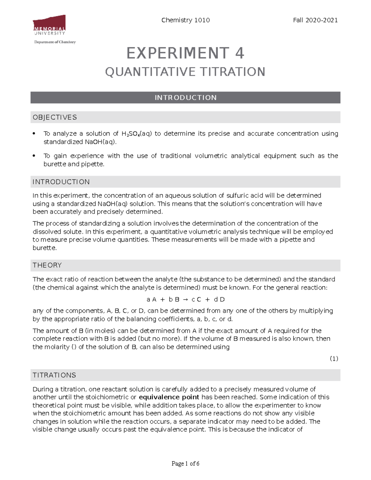 Lab 4 - Experimental (Chem 1010 Fall 2020) - Chemistry 1010 Fall 2020- EXPERIMENT 4 QUANTITATIVE ...