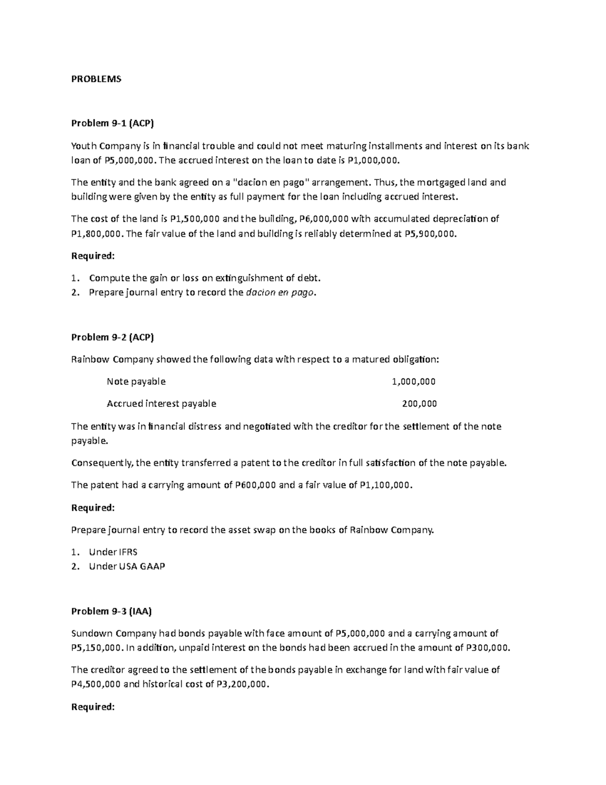 Chapter 9-Debt-Restructuring - PROBLEMS Problem 9-1 (ACP) Youth Company is in financial trouble ...