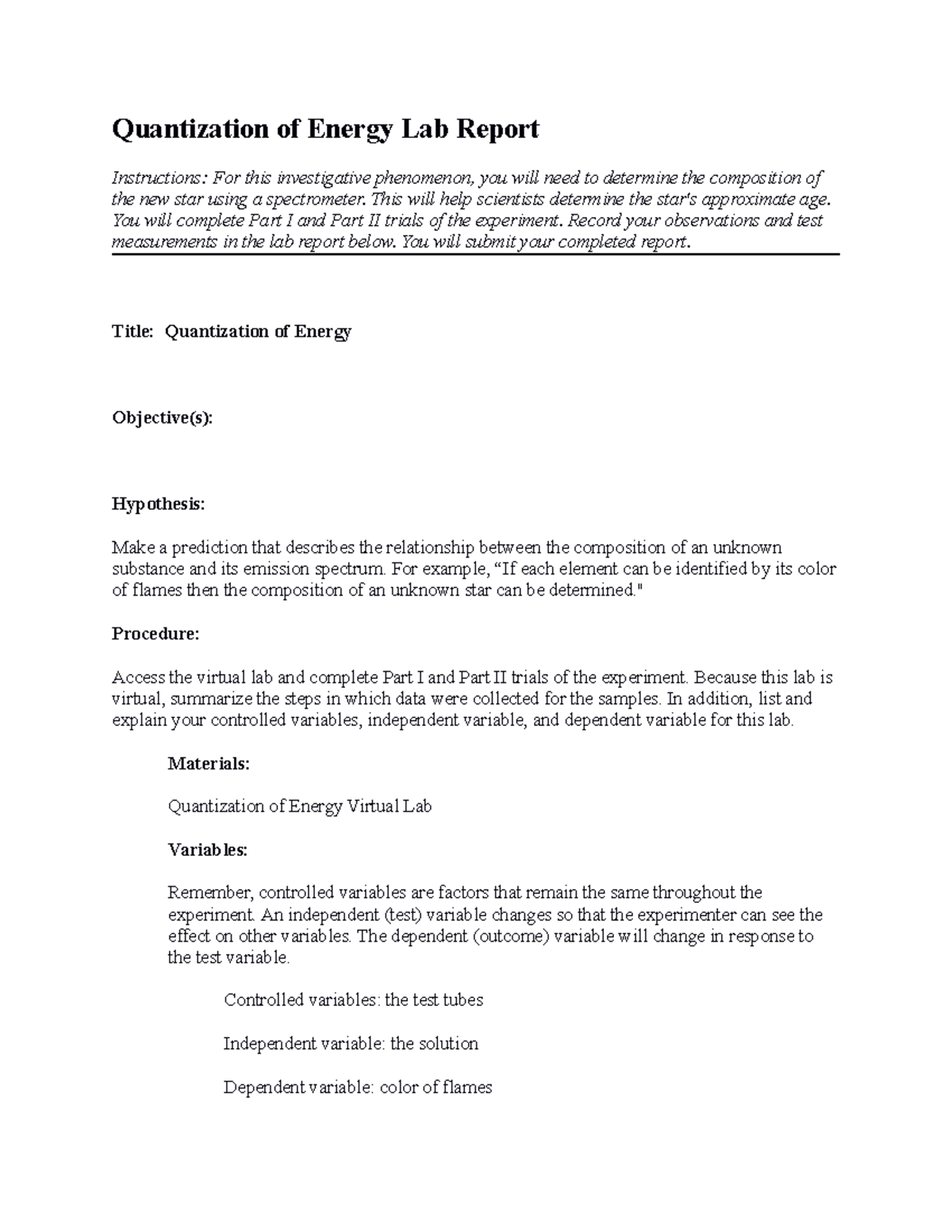 Quantization energy lab report - Quantization of Energy Lab Report ...