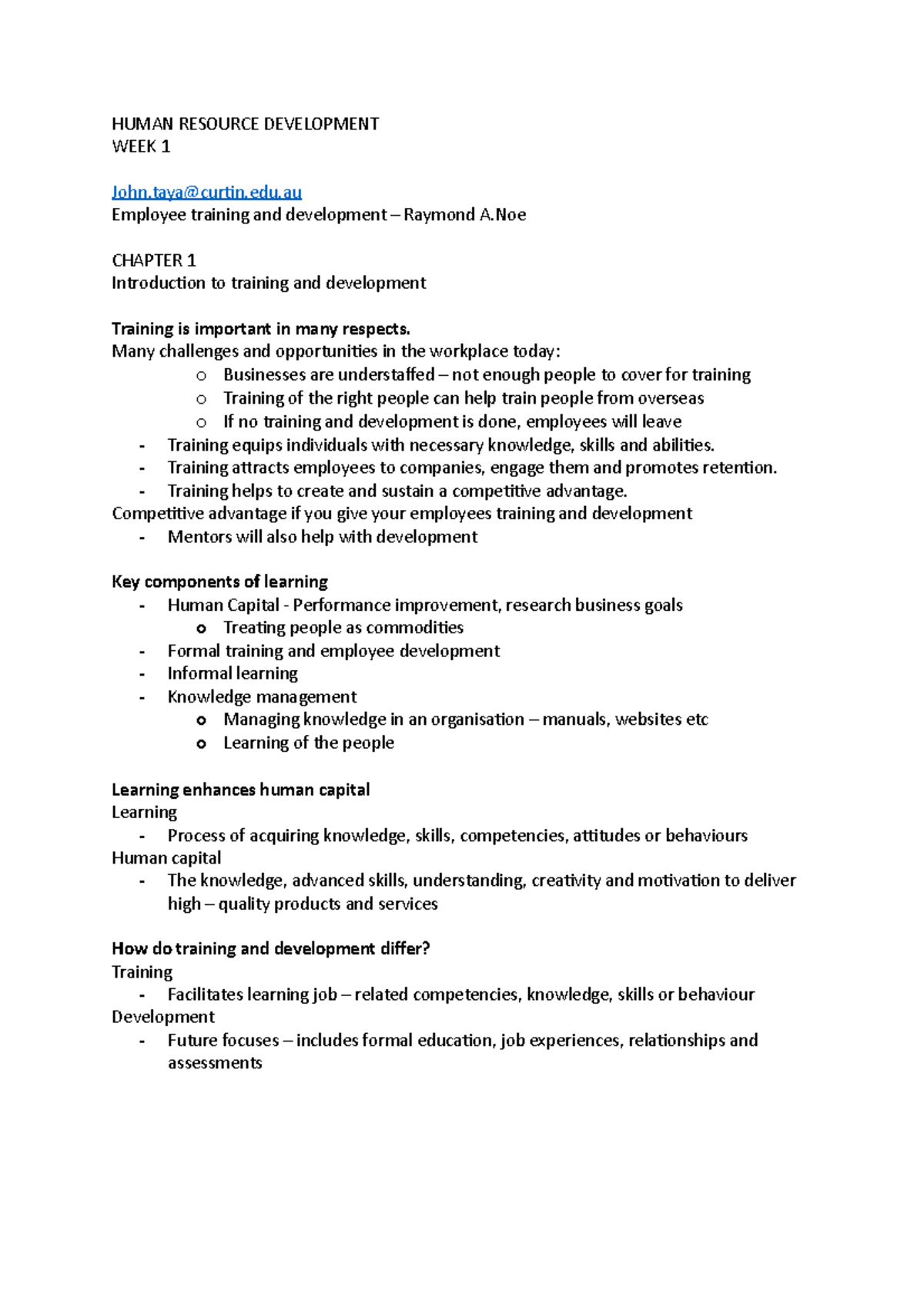 Hrd week 1 - hrd week 1 - HUMAN RESOURCE DEVELOPMENT WEEK 1 John@curtin.edu Employee training ...
