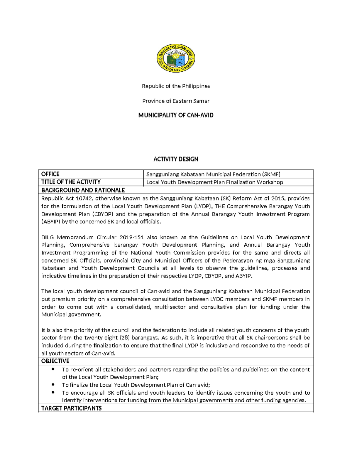 Activity design for LYDP - Republic of the Philippines Province of ...