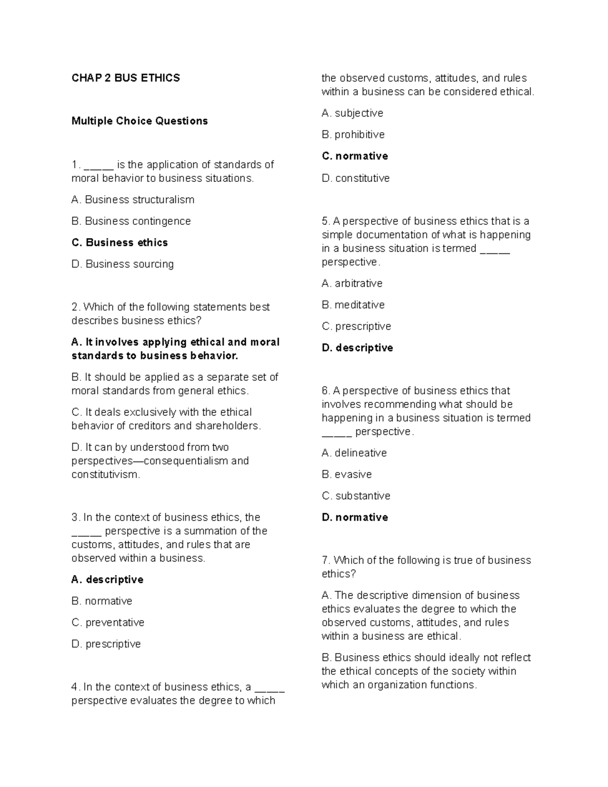 BUS Ethics Multiple Chocie - CHAP 2 BUS ETHICS Multiple Choice ...