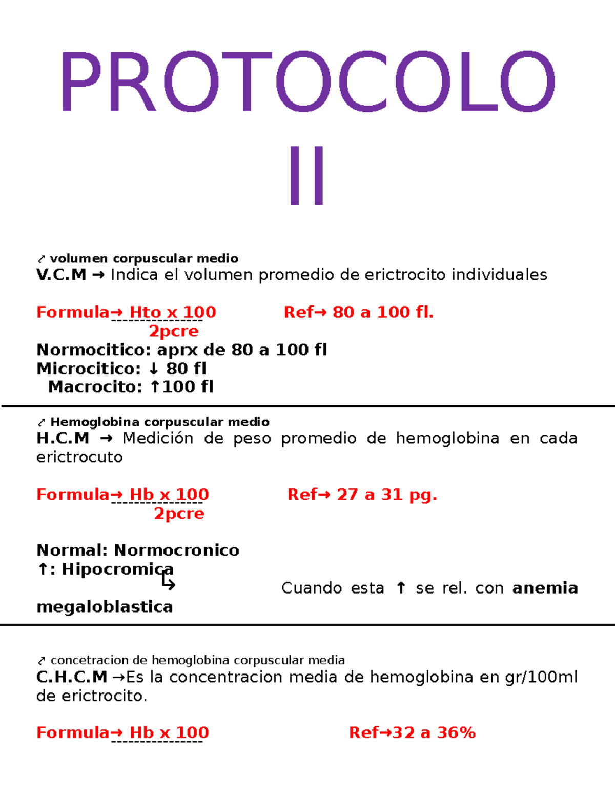 Protocolo II - mmm - PROTOCOLO II ⤤ volumen corpuscular medio V.C → ...
