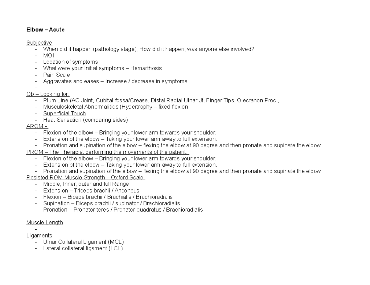 Elbow - Lecture notes 1 - Elbow – Acute Subjective - When did it happen ...