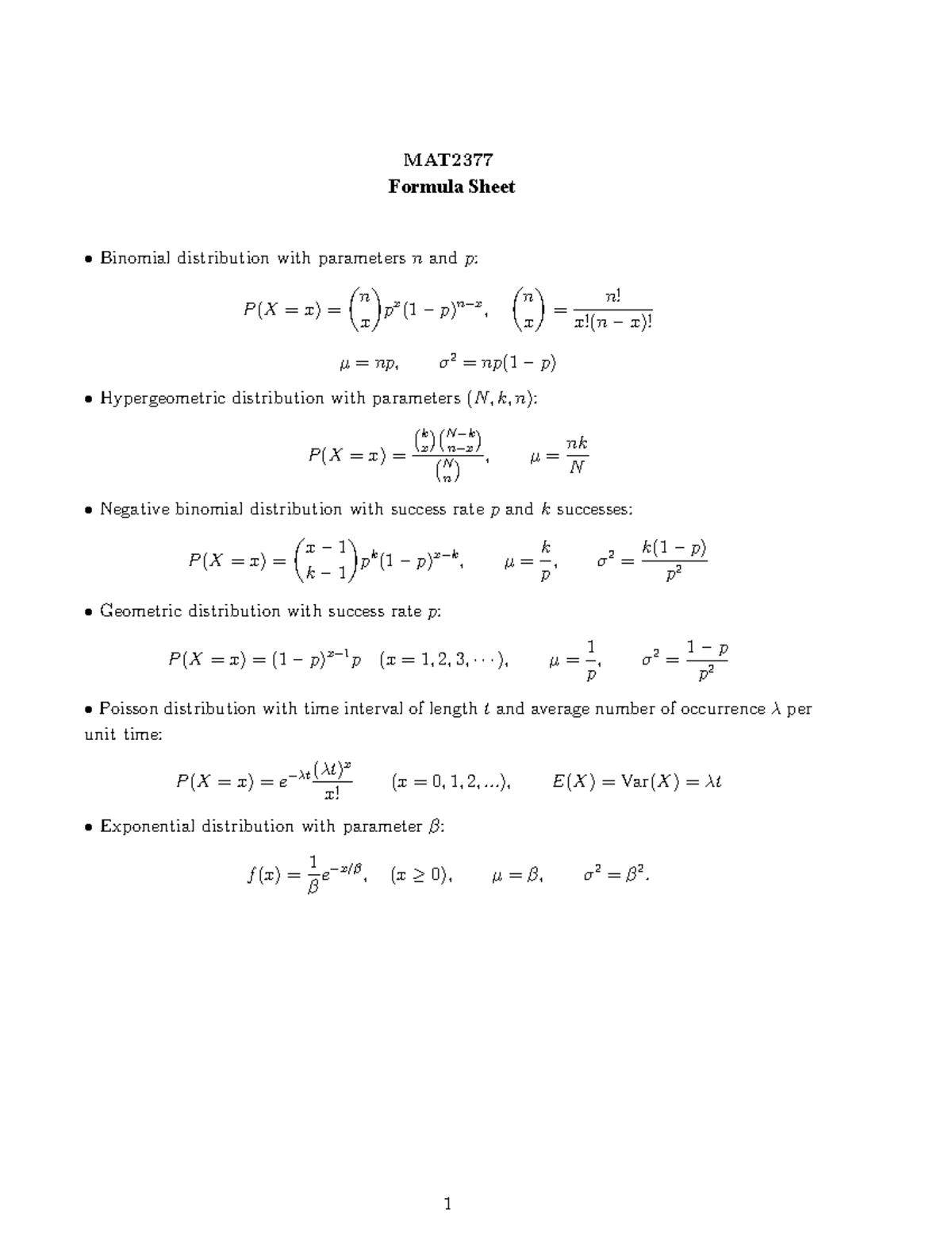 Mat2377 Formula Sheet and Tables - MAT Final Exam - Formula Sheet ...