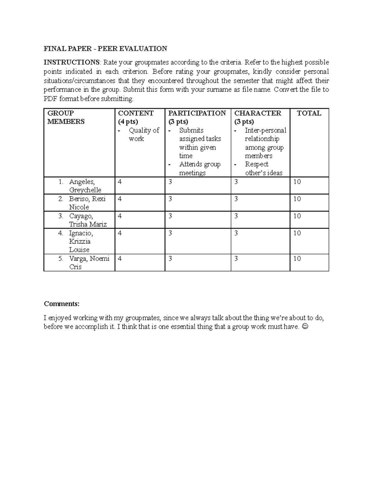 Peer Evaluation (Position Paper) - FINAL PAPER - PEER EVALUATION ...