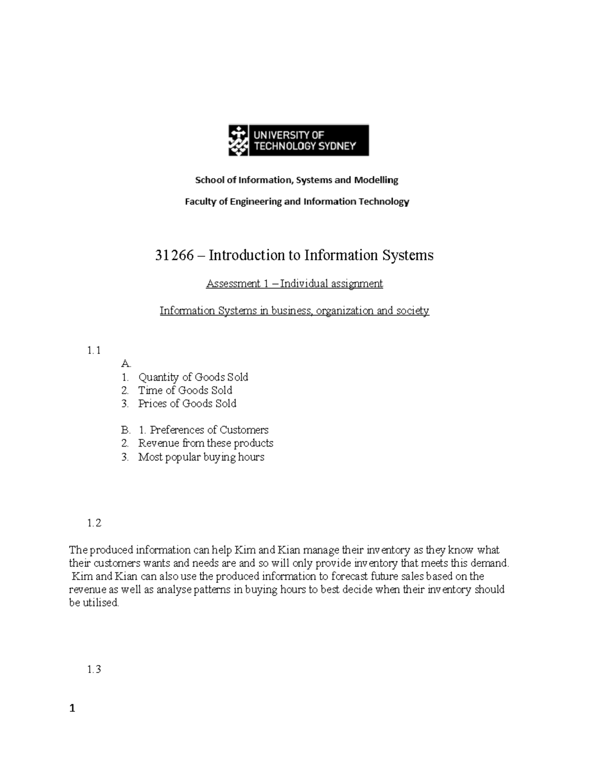 ITIS Assignment 1 - 31266 – Introduction to Information Systems Assessment 1 – Individual ...