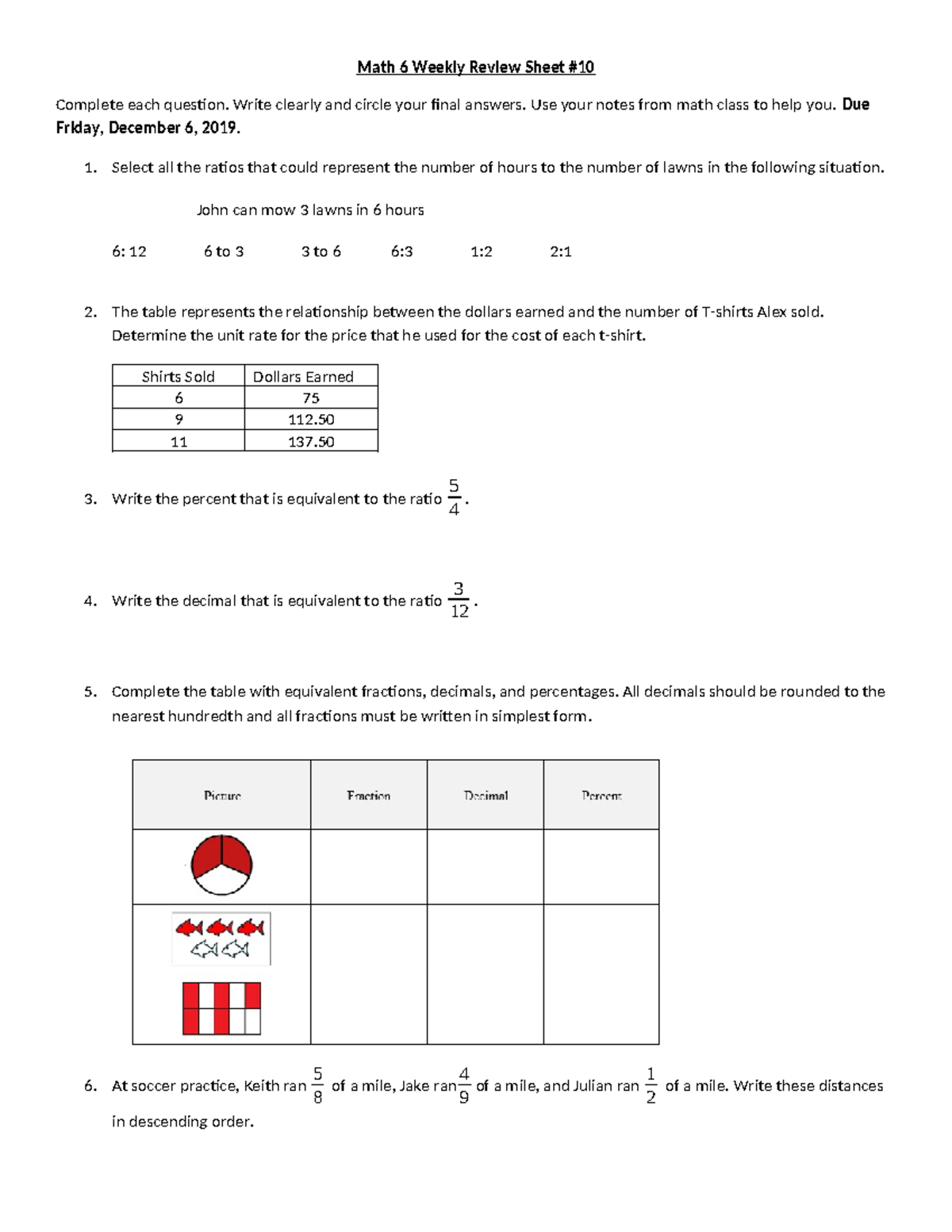 WRS 10 - Assignment - Math 6 Weekly Review Sheet Complete each question ...