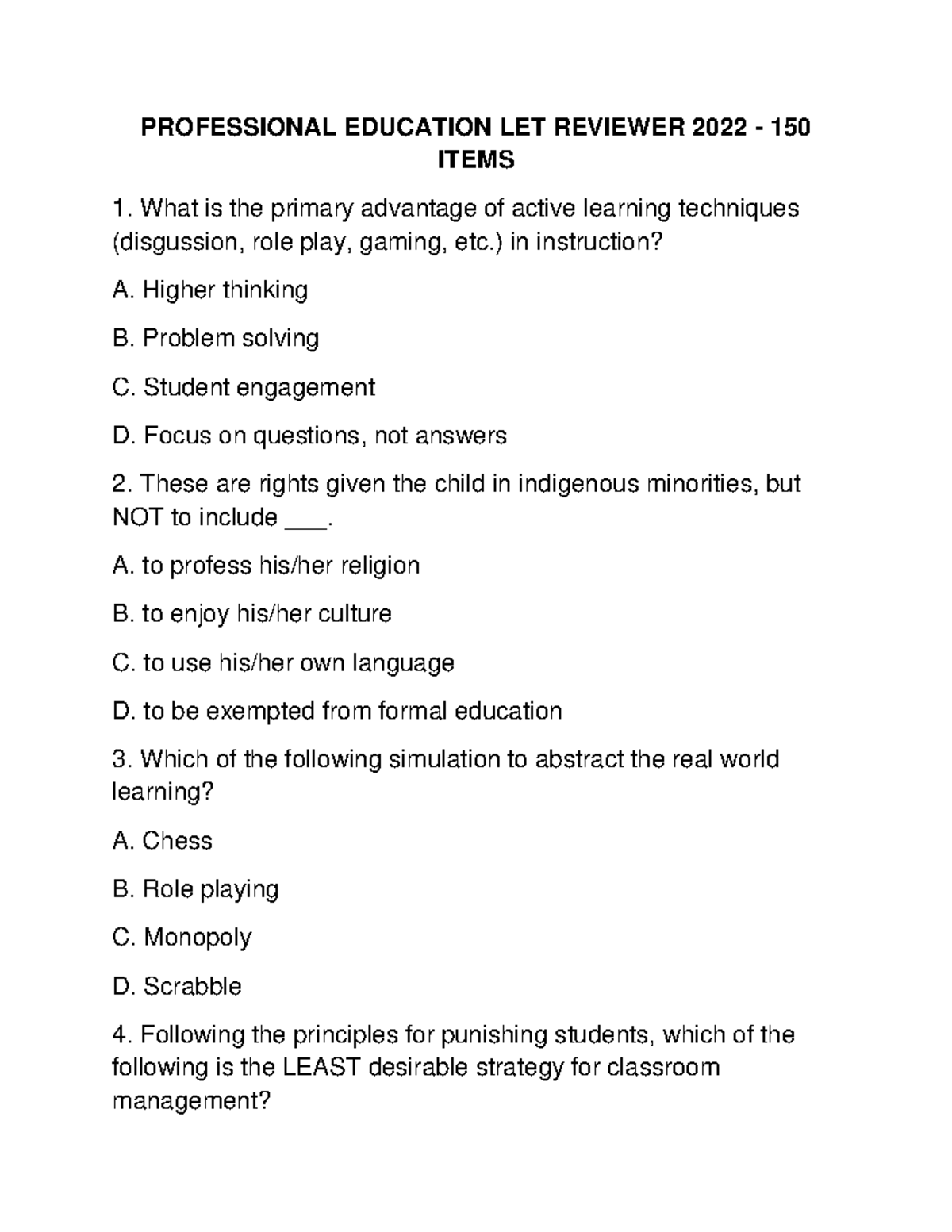 Professional Education - PROFESSIONAL EDUCATION LET REVIEWER 2022 - 150 ...