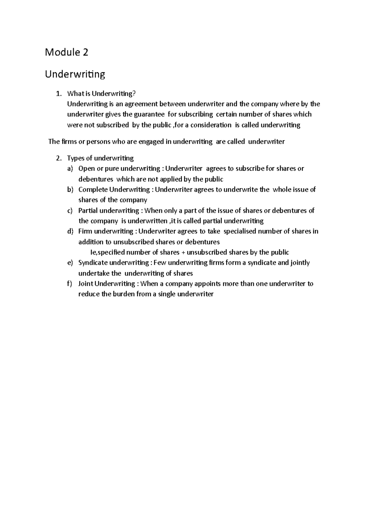 Corporate ac 1 notes module 2,3 - Module 2 Underwriting What is ...