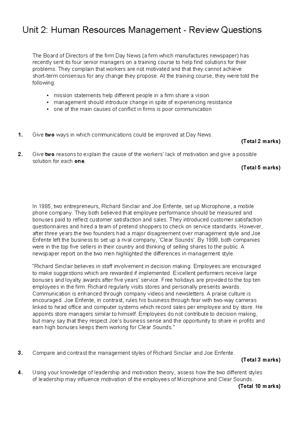 Unit 2 review questions - Unit 2: Human Resources Management - Review ...
