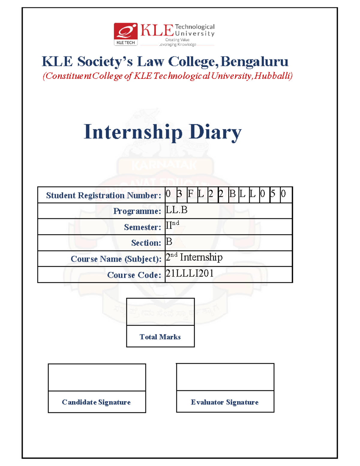 Front - Nice - Internship Diary Total Marks Candidate Signature ...