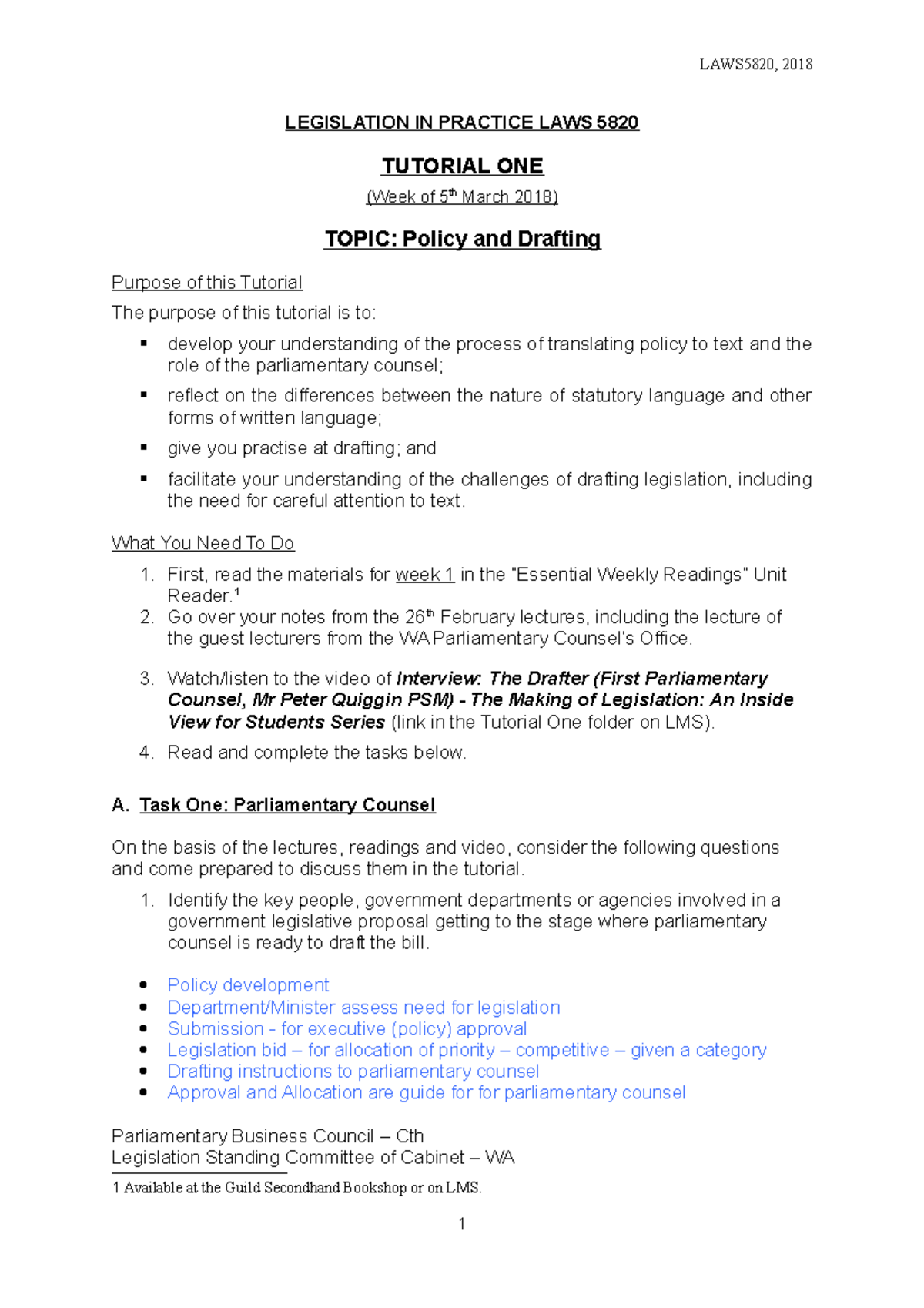 Legislation in Practice - Tutorial 1 - Policy and Drafting ...