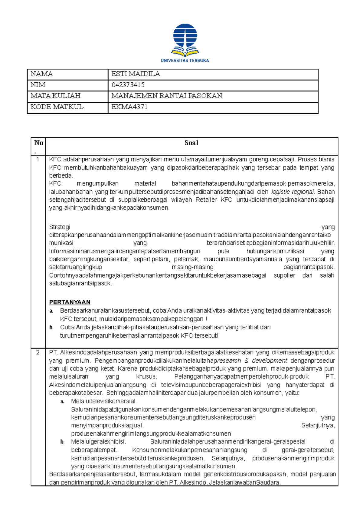 TMK 1 Manajemen Rantai Pasokan EKMA4371 - NAMA ESTI MAIDILA NIM ...