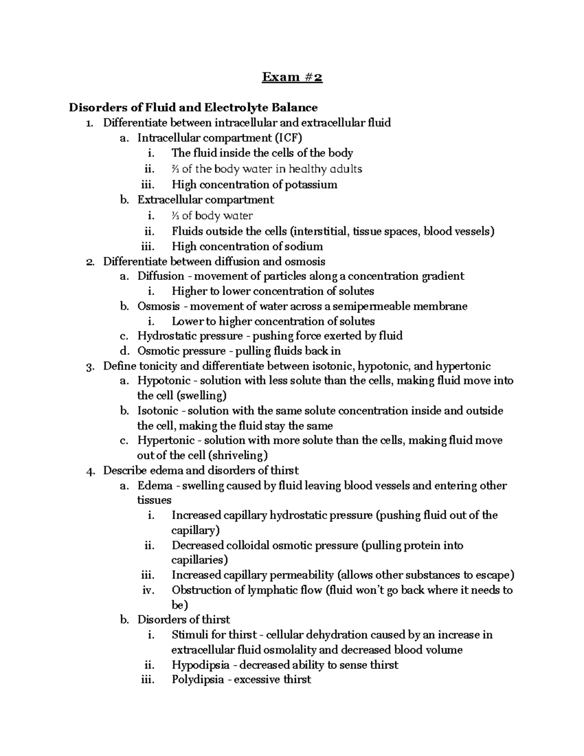 Exam #2 Study Guide - Exam #2 - Exam Disorders of Fluid and Electrolyte ...