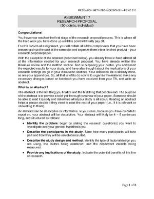 Assignment 7 research proposal grading rubric - RESEARCH METHODS & DESIGNS I – PSYC 310 Page 1 ...