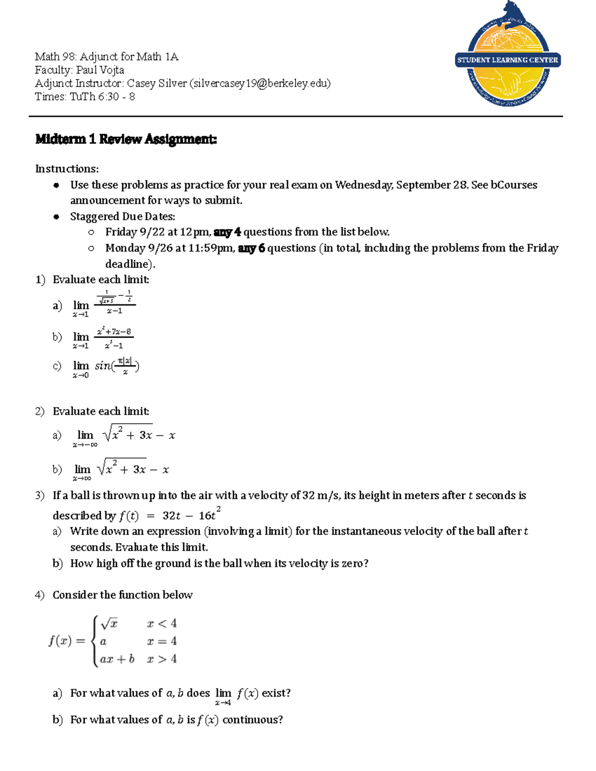 Math 98 Adjunct for Math 1A Vojta (MT1Review).docx - Math 98: Adjunct ...